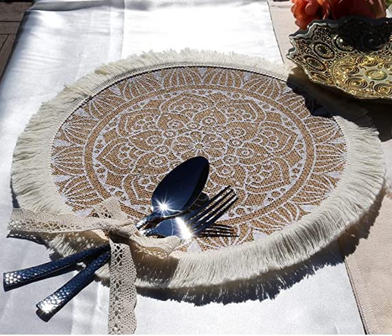 GorinsKani 2 Pieces of Cotton Thread Embroidery Table mat Jute Table mat Decoration mat Round Tassel Side Table mat Heat Insulation mat Anti-Slip Kitchen mat Home Decoration (Tassel Style A)