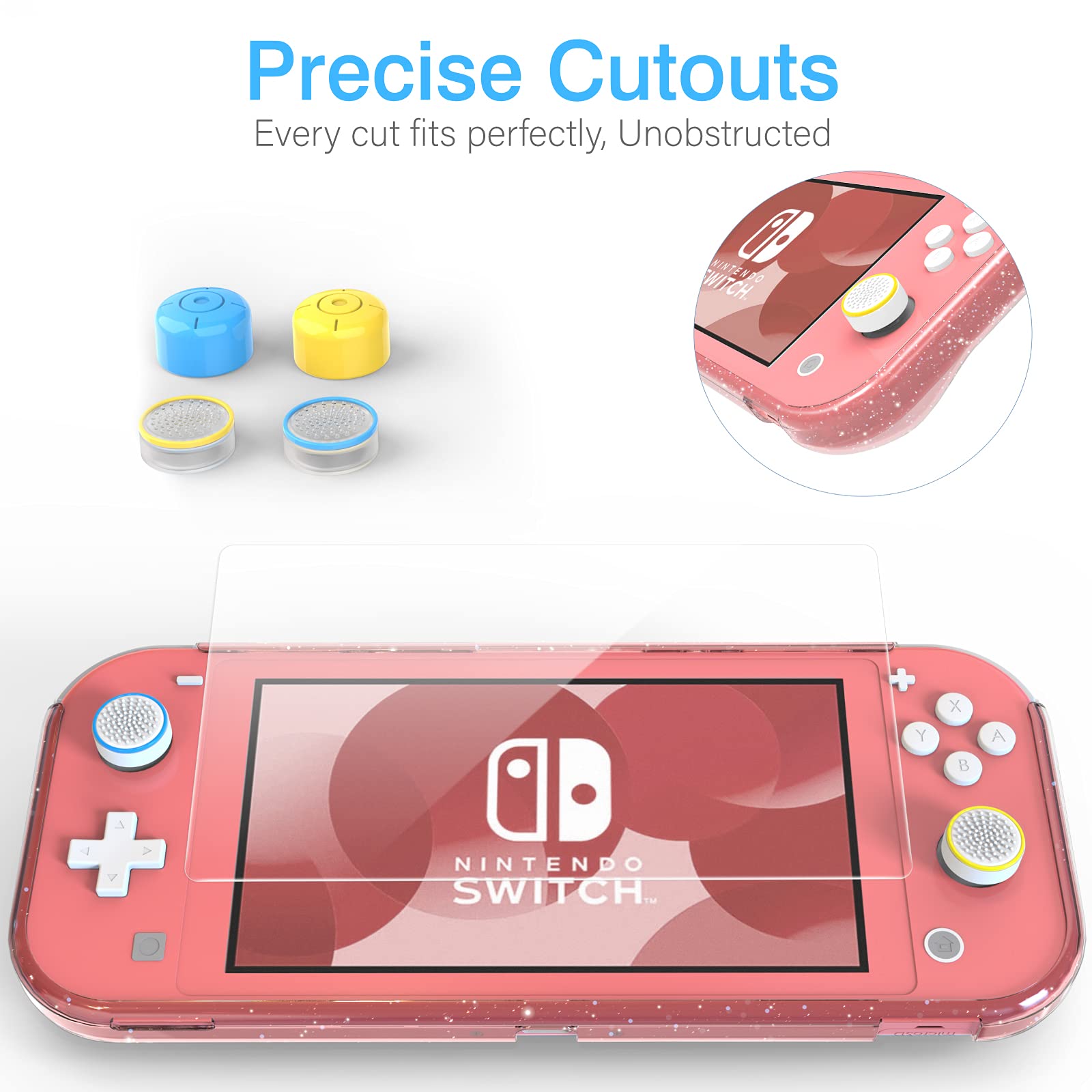 HEYSTOP Switch Lite Pink Cover Case for Girls, Glitter Bling TPU Protective Case with HD Tempered Glass Screen Protector and Thumb Grips with Shock-Absorption/Anti-Scratch Design - Glitter Bling