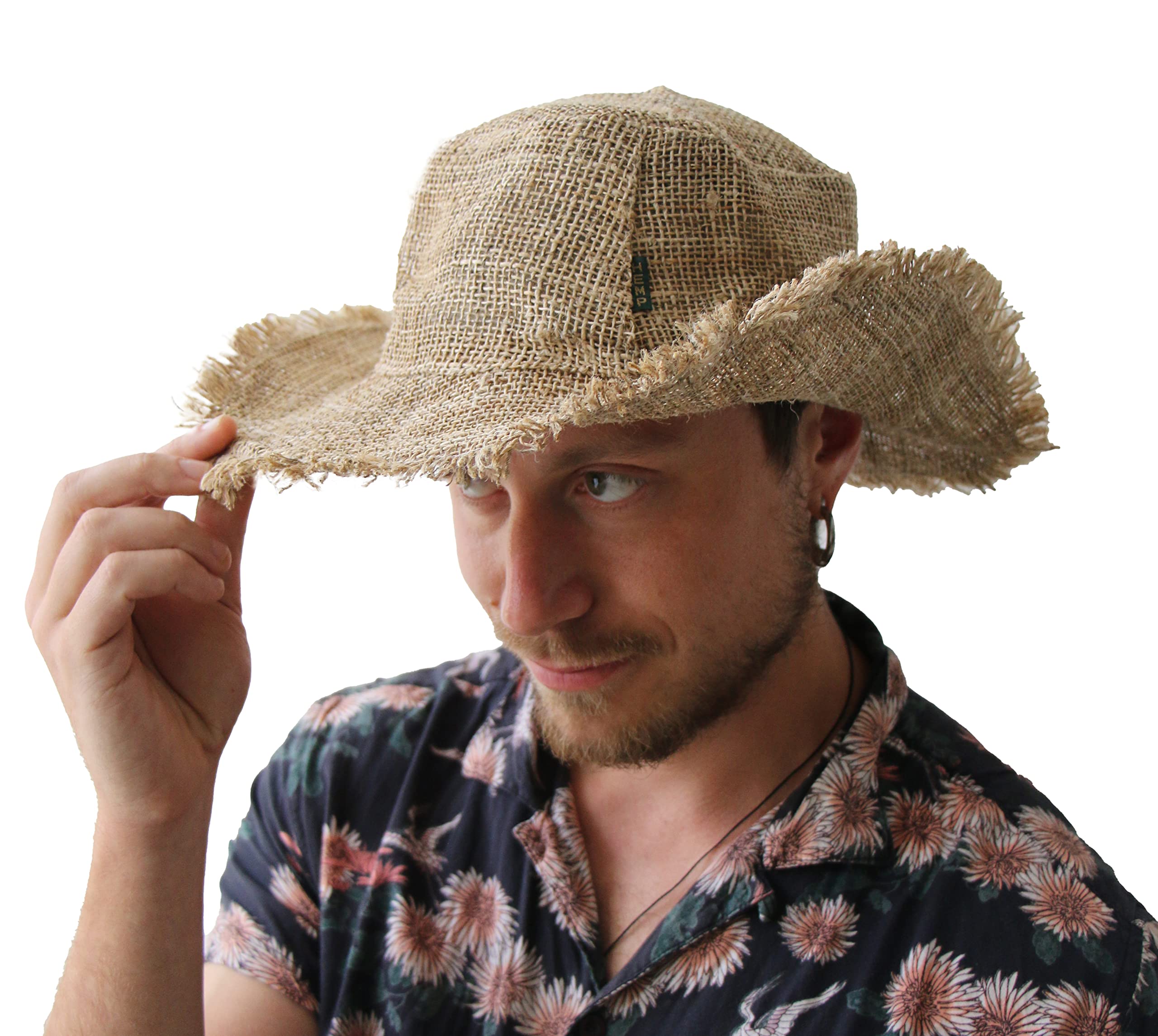 Hemp Sun Hat Wired Wide Brim Farmers hat with Frayed Edges, Raw Hemp Natural Straw Summer Hippie Farmers hat (Mediumc, Natural)