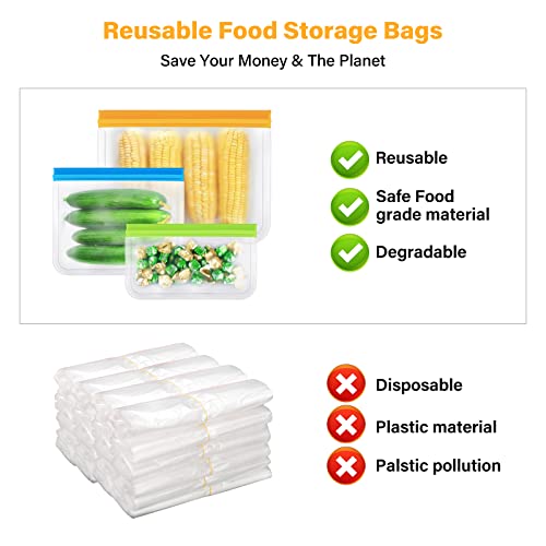 Reusable Food Storage Bags 6 Pack Quart Size Bags Reusable Food Container for Meat Fruit Sandwich & Snack, BPA Free Food Grade, Leakproof Resealable for Lunch & Fridge Organizer