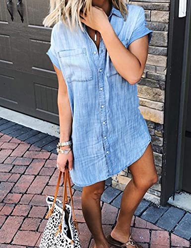 Women Denim Shirt Dresses Short Sleeve Distressed Jean Dress Button Down Casual Tunic Tops Blue XXL