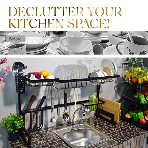 Vlish Over The Sink 2 Tier Dish Drying Rack - Expandable Length 35-42in | Space-Saving, Rust-Resistant, Non-Slip Foot Rubber | Stainless Steel Kitchen Counter Drainer Organization Storage Shelf