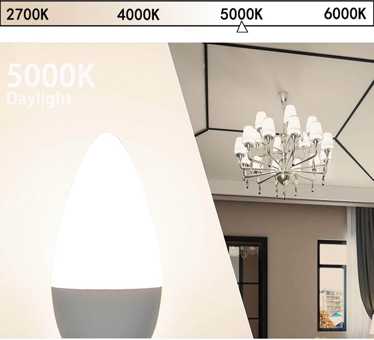GOSCHE E12 Led Candelabra Bulbs, 5000K Daylight Ceiling Fan Light Bulbs, 60W Equivalent Chandelier Lightbulbs, Type B Small Lamp, 550 LM,Non-Dimmable Candle Bulb,6 Pack