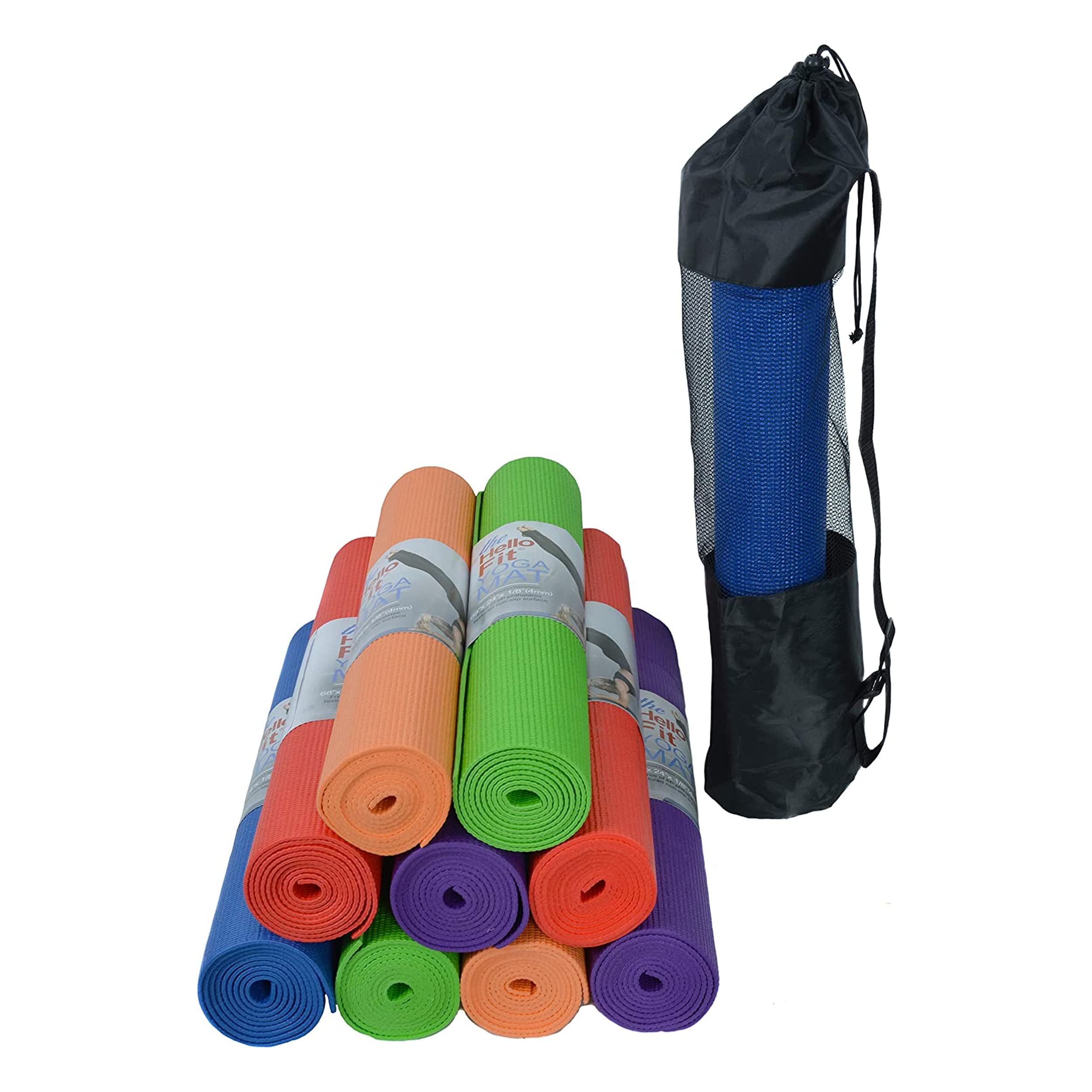 Hello Fit 10-Pack Yoga Mat With Carrying Bags, 68" x 24" Non Slip Exercise Mat, 4mm Thick Gym Mat, Bulk Non Toxic Yoga Mats for Schools and Studios, Assorted