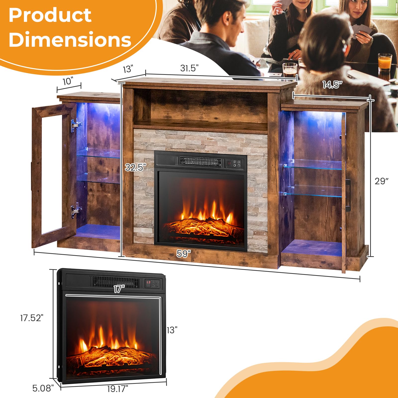GOFLAME Fireplace TV Stand with LED Lights for TV up to 65β, Entertainment Center with 18β Electric Fireplace, Remote & APP Control, TV Console with Adjustable Glass Shelves (Brown)
