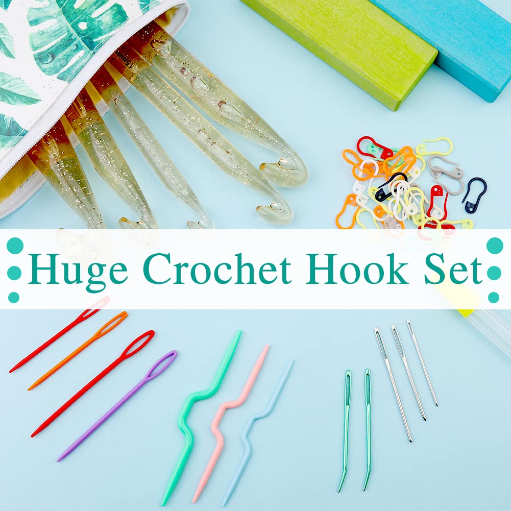 Huge Crochet Hook Set, 12mm-25mm Large Yarn Crochet Hooks Needles, Large Size Handle Knit Crochet Hooks with Knitting Needle Weave Yarn Kits for Chunky Yarn Carpet Weaving