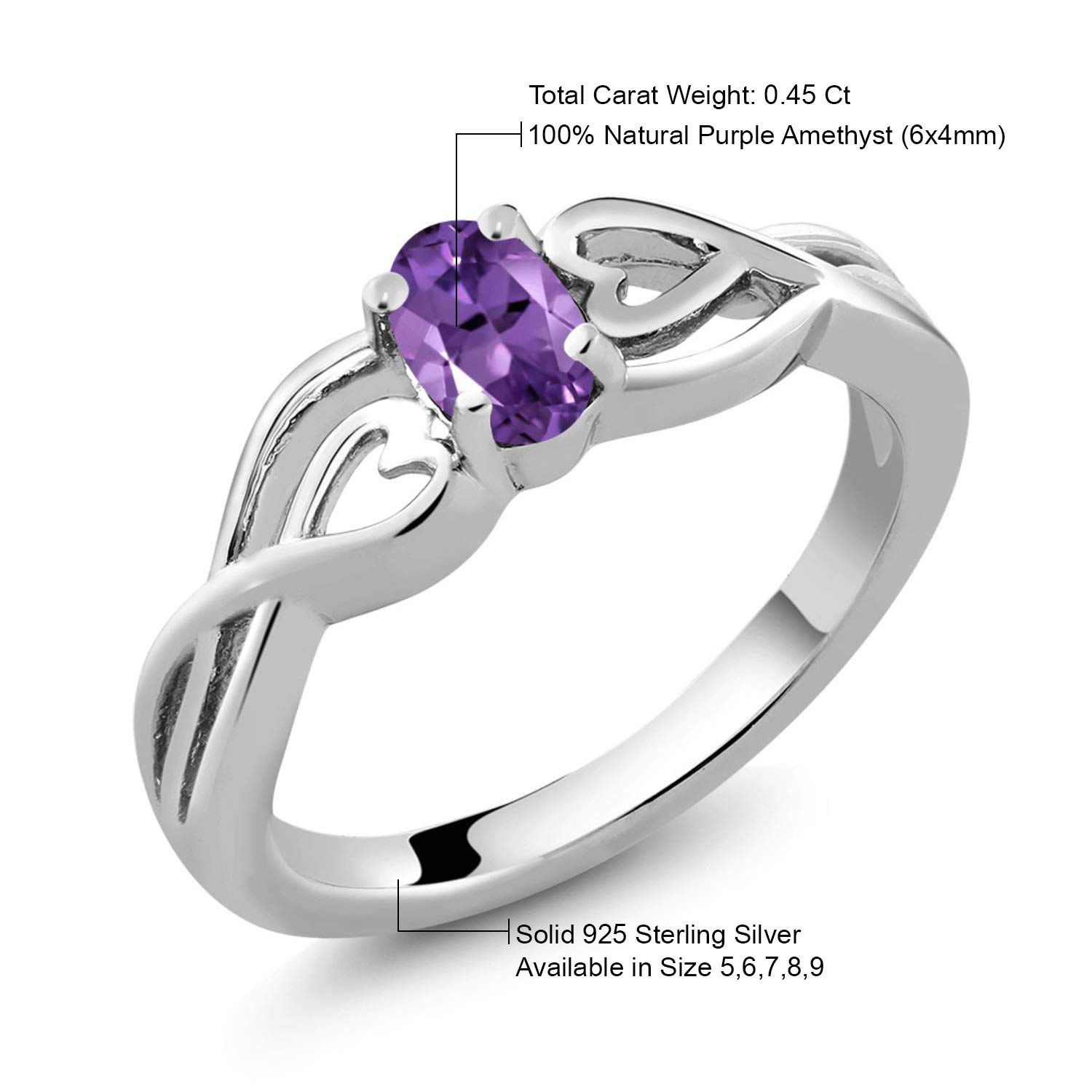 Gem Stone King 925 Sterling Silver 6X4MM Oval Gemstone Birthstone Heart infinity Ring | Wedding Anniversary Promise Ring For Women | Available In Size 5, 6, 7, 8, 9