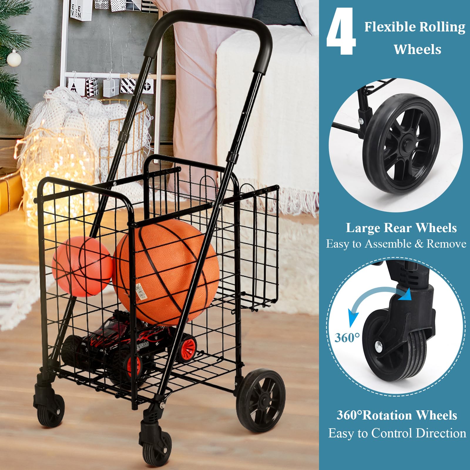 IRONMAX Grocery Shopping Cart, Foldable Heavy Duty Utility Cart w/Adjustable Handle, Extra Basket & 360° Rolling Swivel Wheels, Lightweight Trolley Cart for Grocery Laundry Luggage (Black)