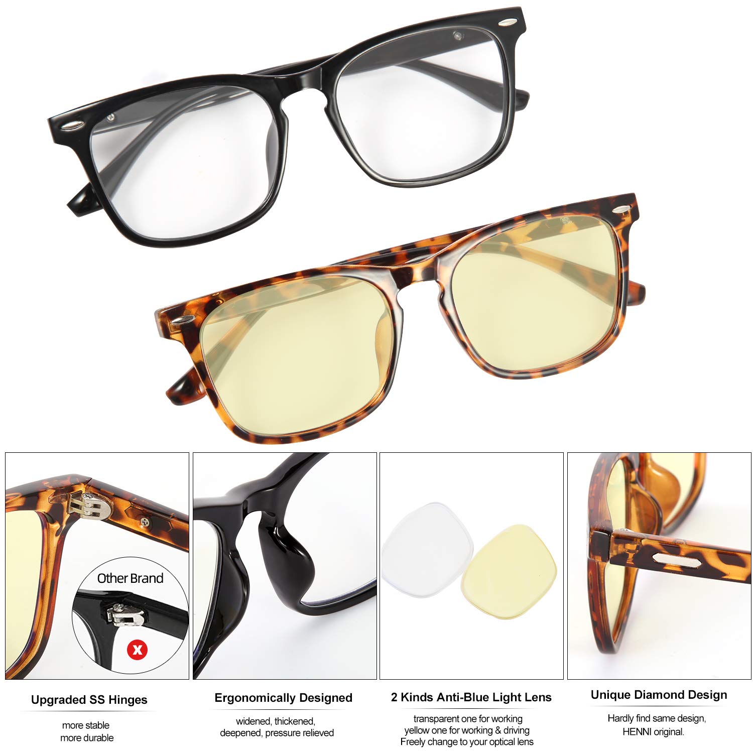 Henni Optix 2-Pack Blue Light Blocking Glasses, Computer Game Driving Glasses, Stylish Square Anti Eyestrain Glasses for Women/Men ( Black & Leopard)