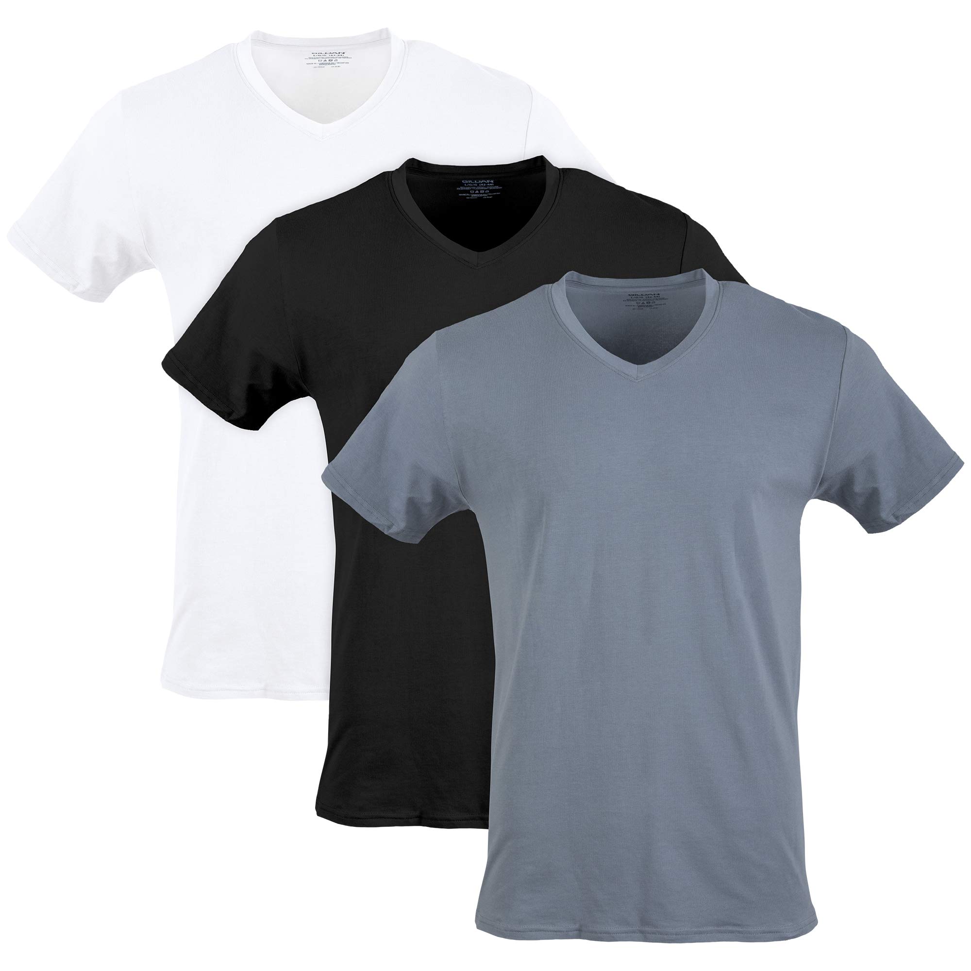 Gildan Men's Cotton Stretch T-shirts, Multipack, White/Black Soot/Grey Flannel (V-neck 3-Pack), Large