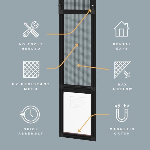Hakuna Pets Patio Pet Door Screen Insert Panel for Sliding Doors, Fits Door Track Min Ht 61.02" to Max Ht 84.25", UV Resistant Mesh, Locking Magnetic Dog Door, Easy Install and Removal, Medium, Black