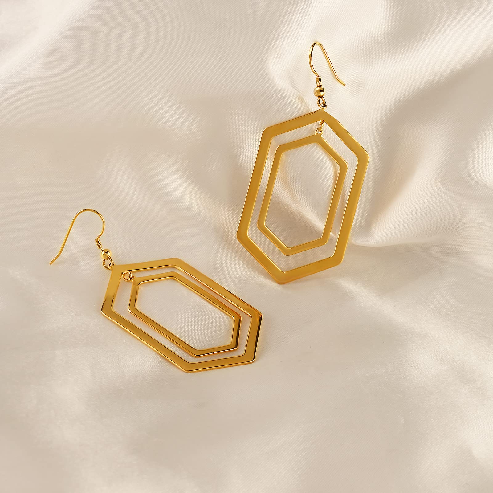 MORAOWA Gold Geometric Dangle Earrings for Women 14K Gold Plated Boho Hexagon Statement Drop Earrings Trendy 925 Sterling Silver Post Hypoallergenic Lightweight