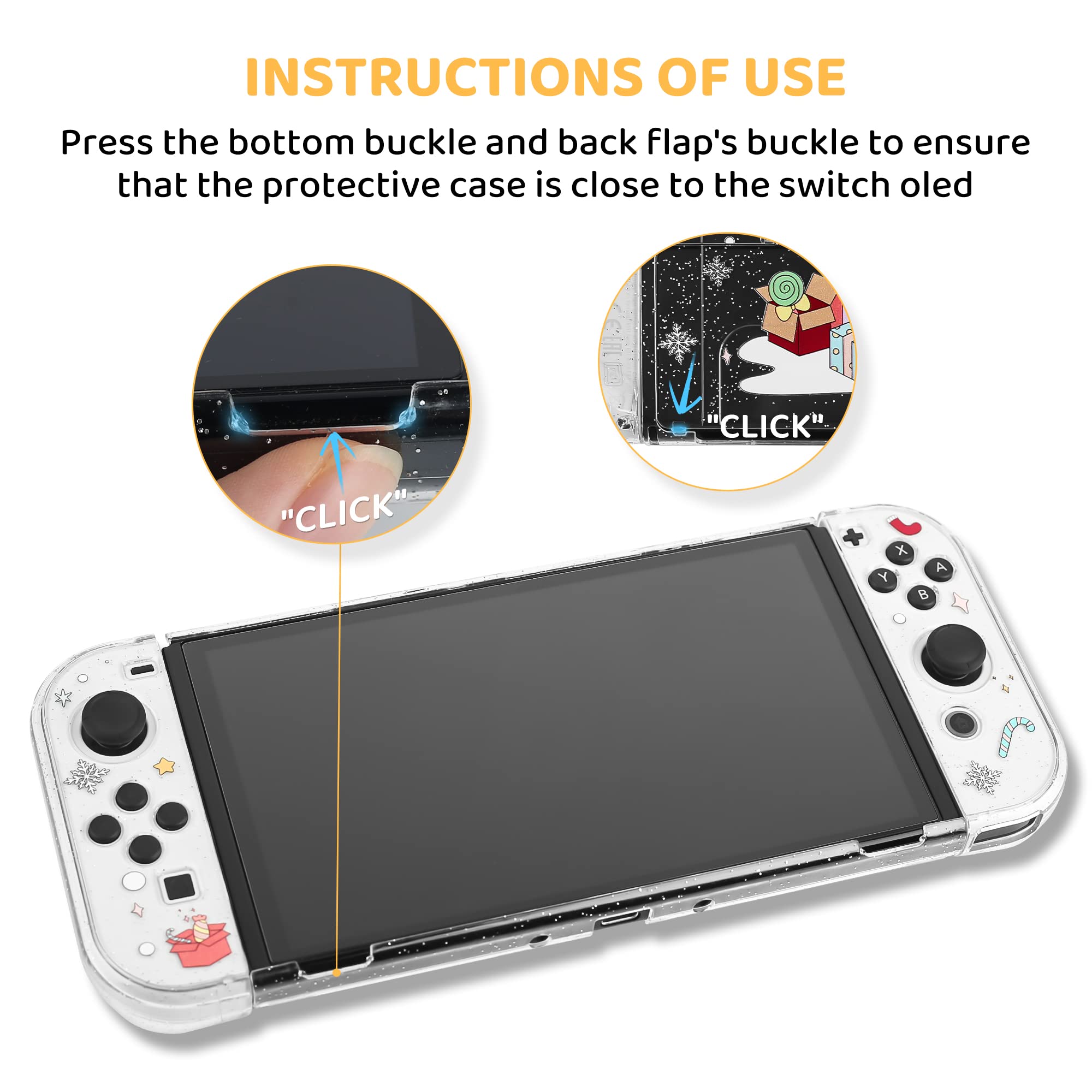 Glitter Case Compatible with Nintendo Switch OLED, FANPL Cute PC Protective Cover for Switch OLED, Kawaii Skin with Thumb Cap & Screen Protector, Accessories for Girl - Christmas Bear & Rabbit Pattern
