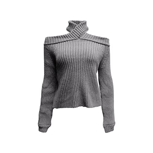 Women's Cold Shoulder Halterneck Sweater Crossed V- Neck Crop Halter Knit Pullover Off Shoulder Long Sleeve Knitted Top (Grey,Medium)