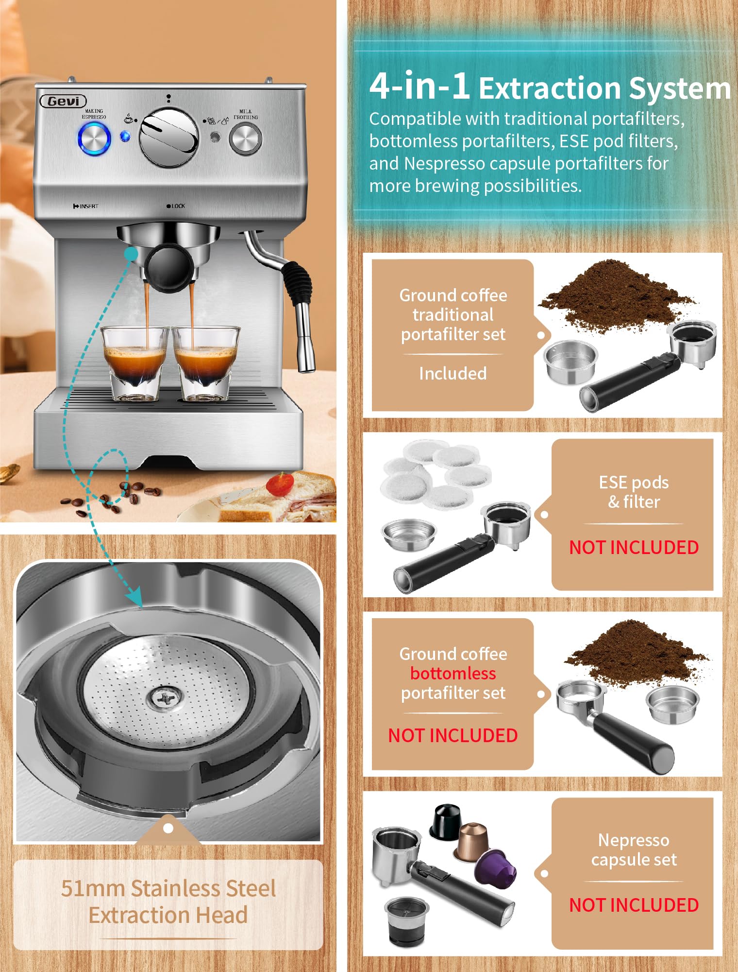 Gevi Espresso Coffee Machine,Espresso Machine with Steamer, Compact Semi Espresso Maker with Milk Frother for Home, Stainless Steel Cappuccino Machine for Cappuccino, Latte, 1100W