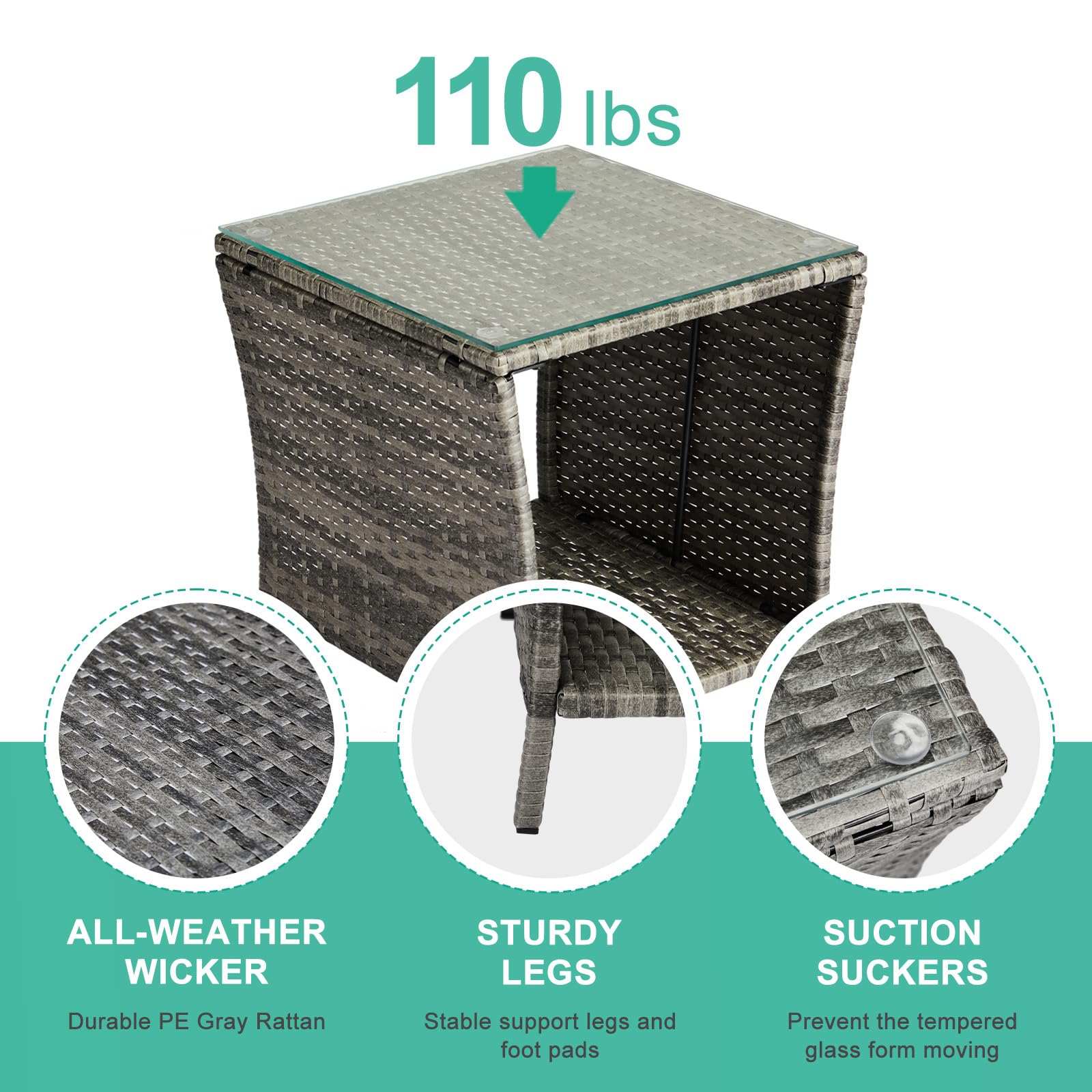 VINGLI Outdoor Wicker Side Table Patio Side Tables for Outside, Tempered Glass Top Wicker Table with Storage End Table for Balcony Porch Deck (Grey)