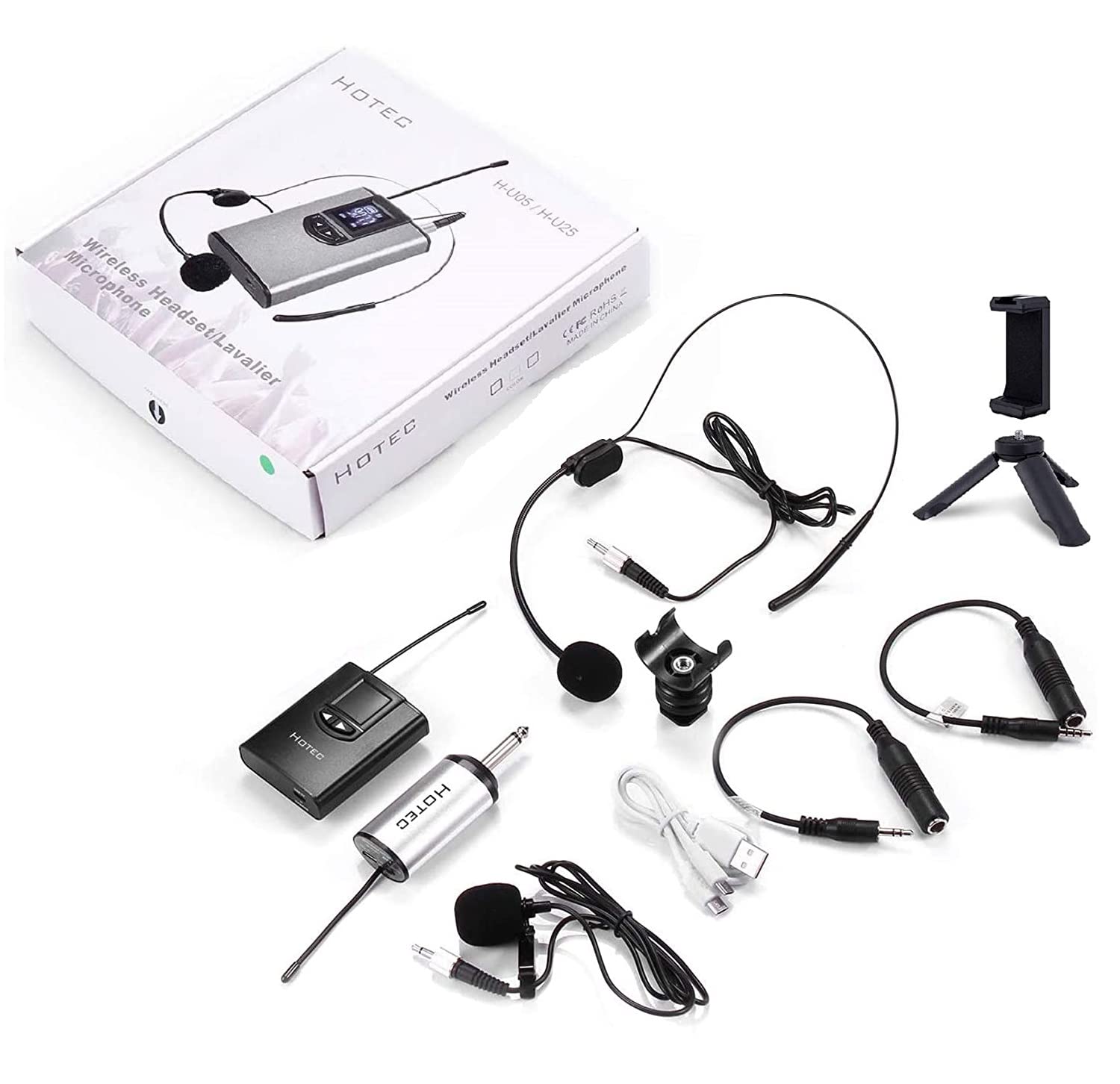 HOTEC Wireless Lapel Lavalier and Headset Microphone System with Mini Rechargeable Receiver for iPhone, PA Speaker, DSLR Camera, Recording, Teaching