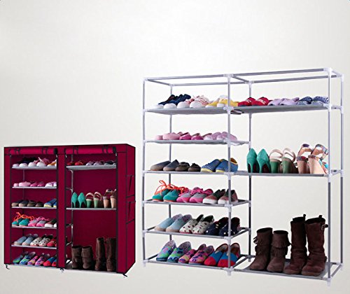 Shoe Rack Storage Organizer, Portable Double Row with Nonwoven Fabric Cover Shoe Rack Cabinet for Closet (Wine Red)