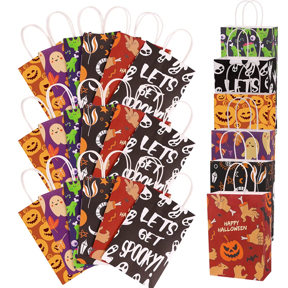 XIMISHOP 24PCS Halloween Kraft Gift Goodies Paper Bags Bulk with Handles for Halloween Party Favors