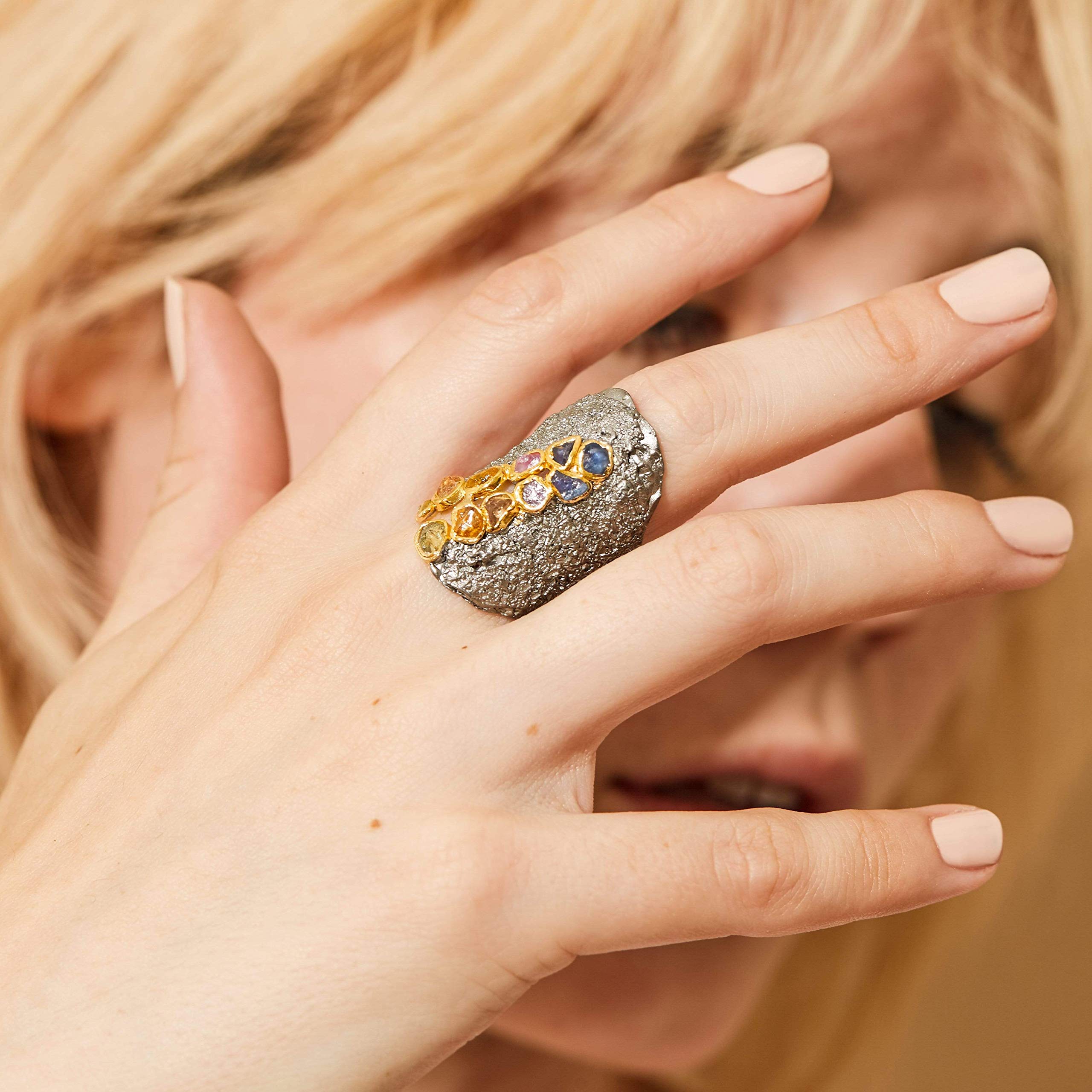 german kabirski 6.5 Carat Rough Sapphire Mixed Multicolor Handmade Ring in 925 Sterling Silver Plated with Gold and Black Rhodium Size 8.5