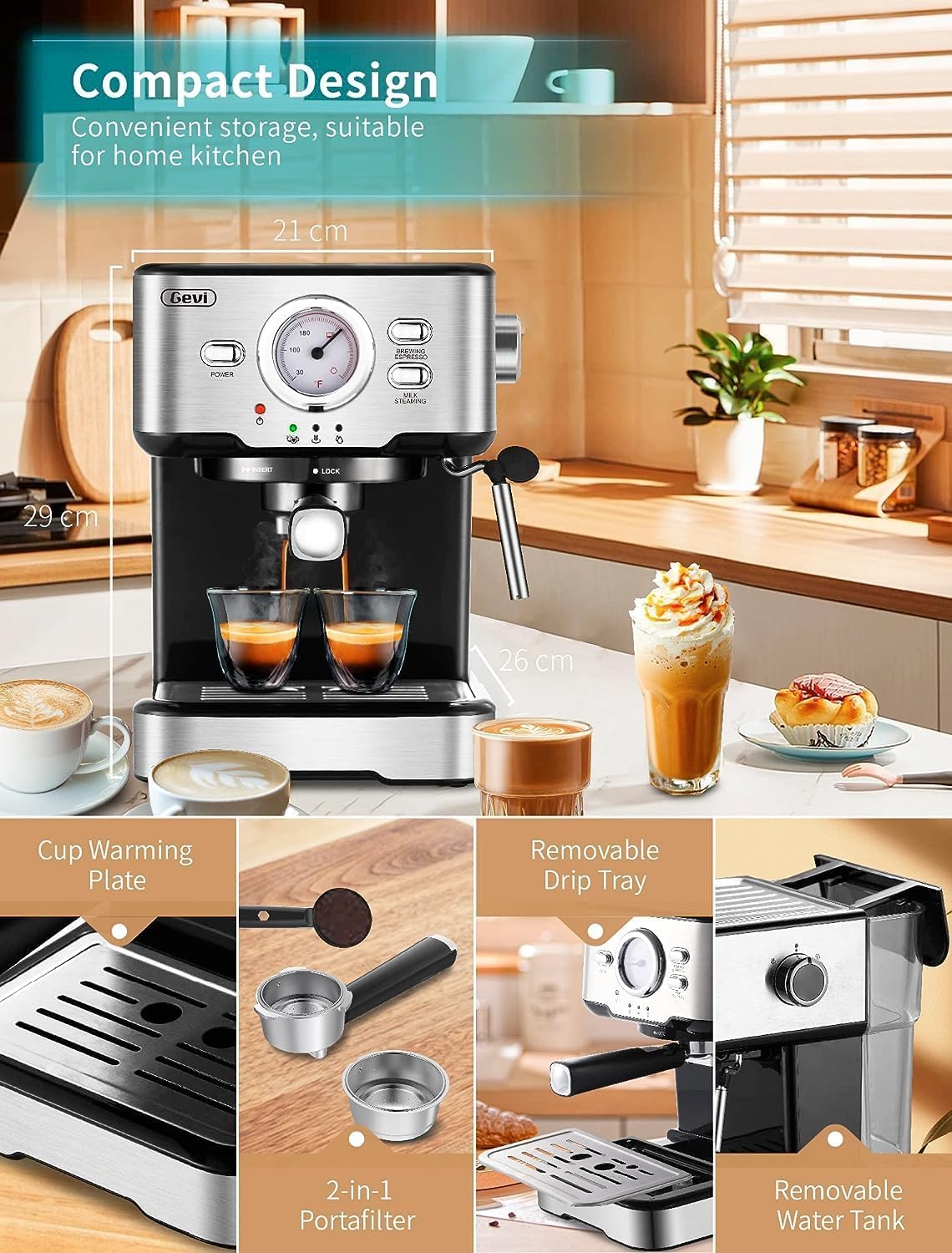 Gevi Espresso Machine, Espresso Maker with Milk Frother Steam Wand, Compact Espresso Super Automatic Espresso Machines for home Cappuccino, Latte