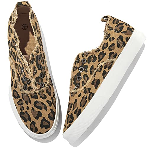 Women's Slip on Sneakers Walking Shoes Casual Girls Canvas Fashion Sneakers（Leopard,US7）