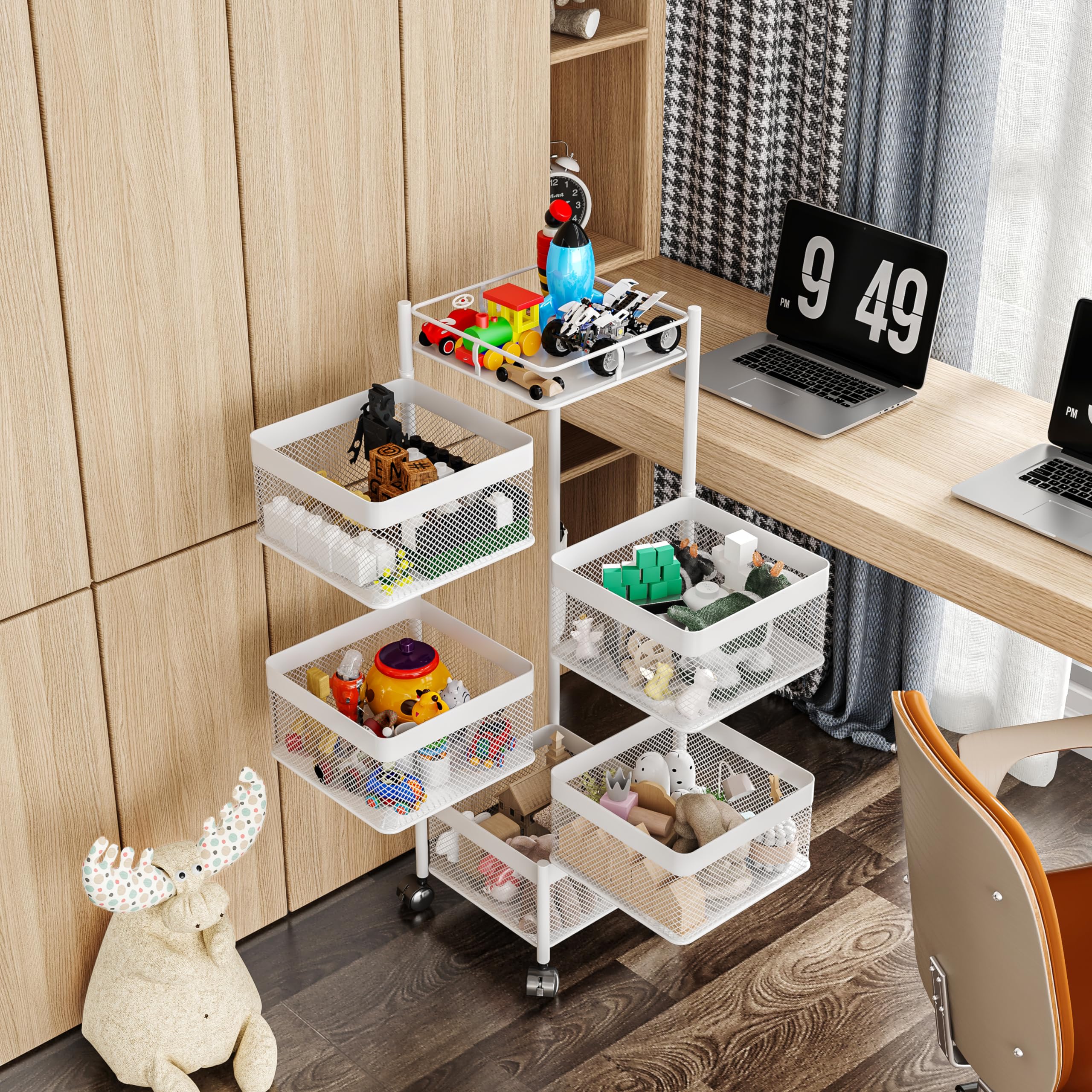 xinyourui Fruit Basket for Kitchen No Assembly,Rotating Kitchen Storage Rack,Bathroom Shelf, Organizers and Storage Cart on Rolling Wheels,Potato and Onion Storage Organizer(White, 5 Tier-Square)
