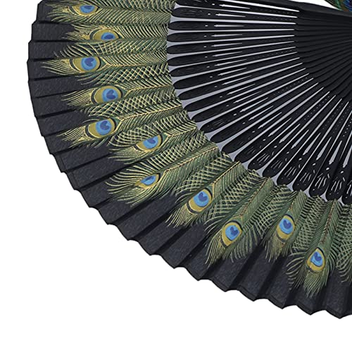 Handheld Folding Fan, Chinese Style Black Beautiful Peacock Pattern Antique Bamboo Hand Fan for Performance Clothes Decoration Gift, Folding Fan Bag Hand Bamboo Decorative Fans Chinese Pride held