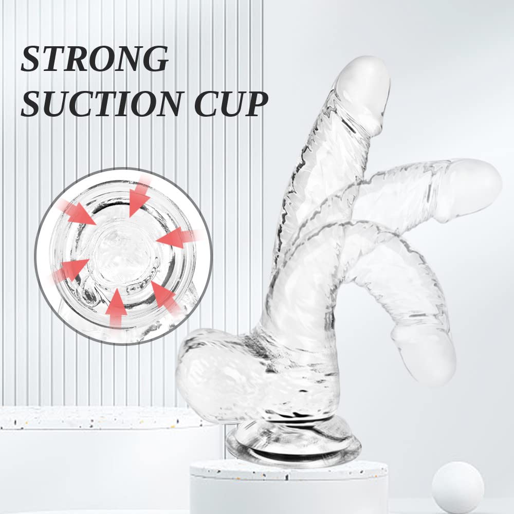 Hands-Free Pleasure with a Clear Suction Cup Dildo - Realistic 8.2 Inch Design with Curved Shaft and Balls for G-spot and Anal Stimulation.