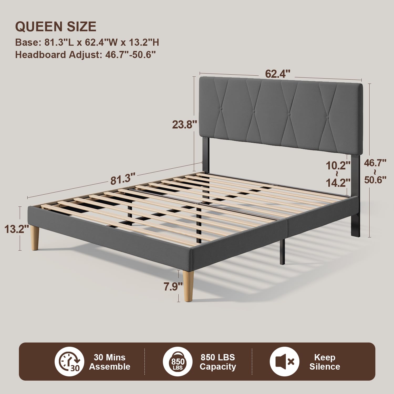 Gizoon Queen Bed Frame with Adjustable Velvet Headboard, Upholstered Platform Bed Frame with Sturdy Metal Frame, Wooden Slats, Noise-Free, No Box Spring Needed (Dark Grey, Queen)