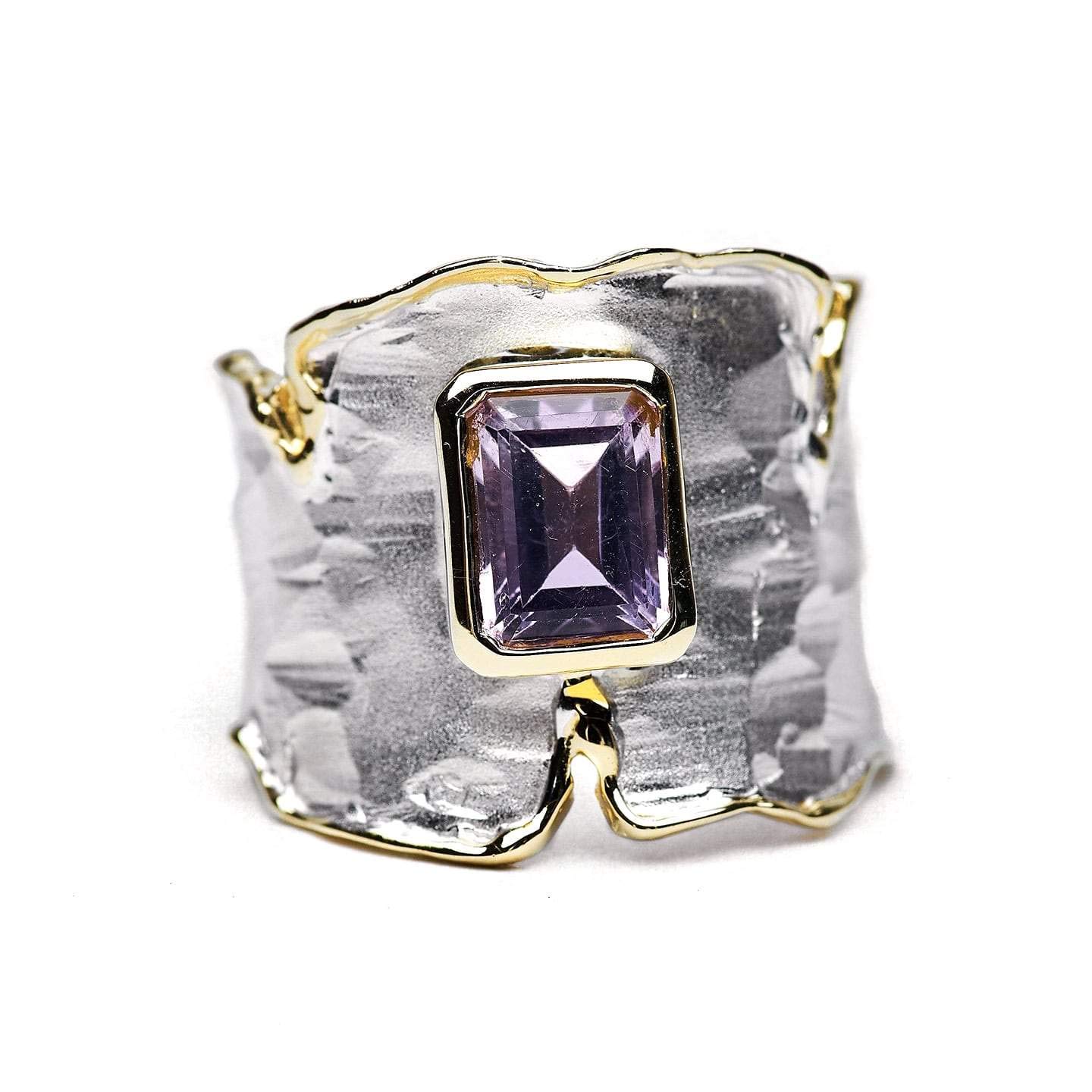 german kabirski 1.30 Carat Purple Amethyst Handmade Barrel Ring in 925 Sterling Silver with Gold and White Rhodium Plating Size 7