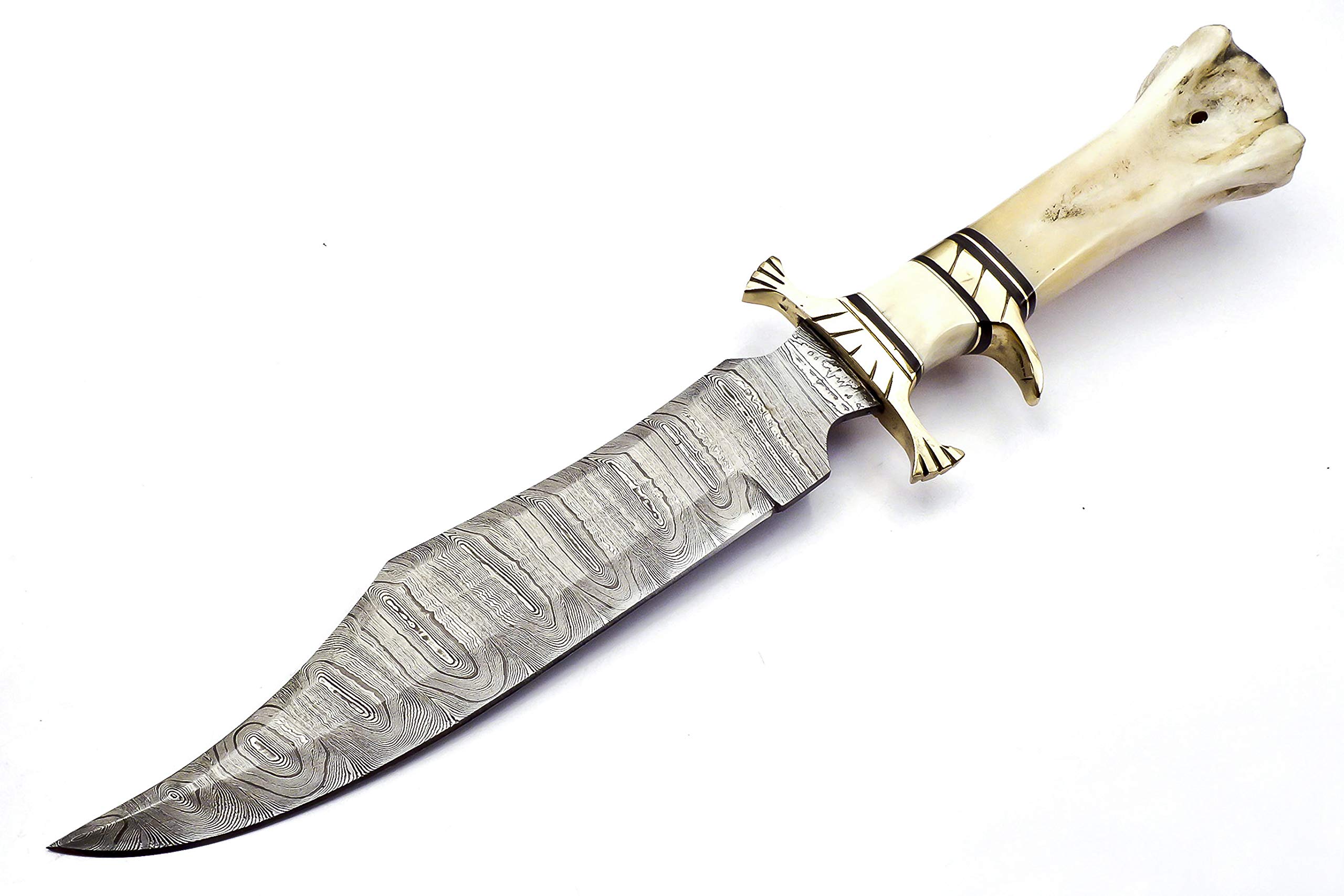 HandSmith™ 15" Handmade Damascus Steel Hunting Knife, Hand Forged Damascus Steel Fixed Blade Bowie Knife, Genuine Leather Sheath, Camel Bone Handle Firm Grip (White)