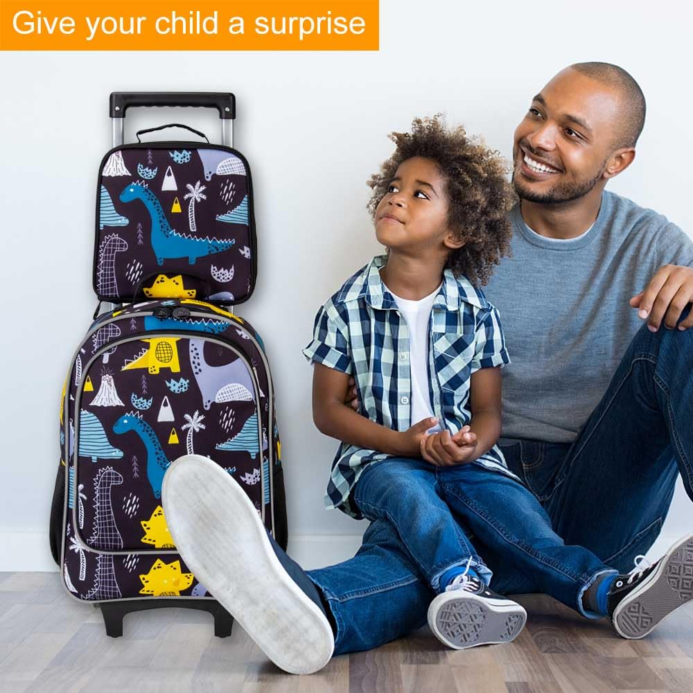 gxtvo Rolling Backpack for Boys, Roller Wheels Kids Bookbag - Wheeled Suitcase Elementary School Bag - 3PCS Dinosaur