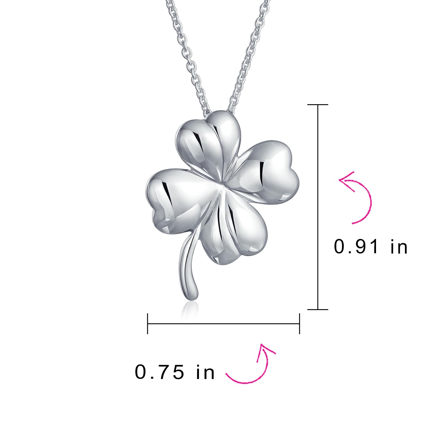 Good Luck Fortune Irish Shamrock Shape Lucky Charm Four Leaf Clover Pendant Necklace For Women Teen Polished .925 Sterling Silver