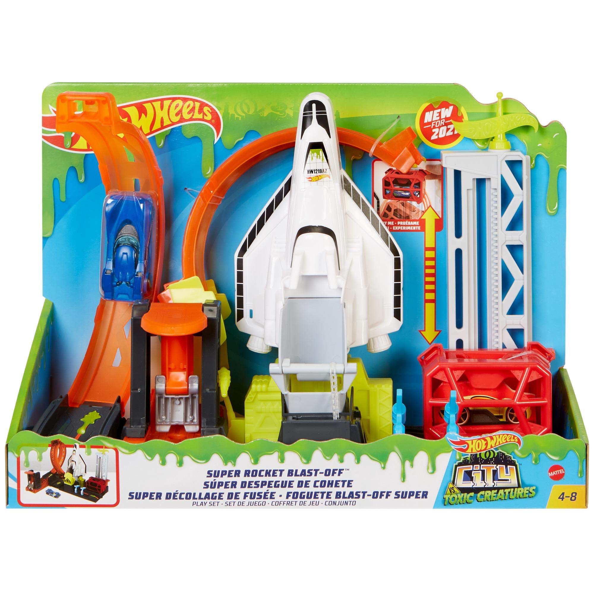 Hot Wheels Super Space Shuttle Launch Pad Set with Moving Shuttle, Kid-Powered Anti-Gravity Cab & One 1:64 Scale Car, Connects to Other Sets, for Kids 4-8 Years Old