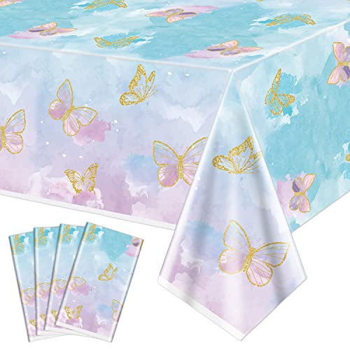 XJLANTTE 4 Pcs Butterfly Party Tablecloths - Butterfly Birthday Decorations Tablecloth Colorful Rectangular Table Covers with Butterfly Design for Spring Party Decorations, 51 x 86.6 Inch