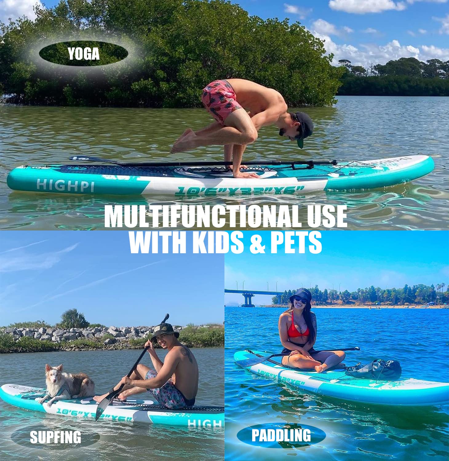 Highpi Inflatable Stand Up Paddle Board 10'6''x32''x6'' SUP with Accessories Backpack Anti-Slip Deck, Leash, Paddle and Hand Pump, Surf Paddle Boards for Youth & Adult