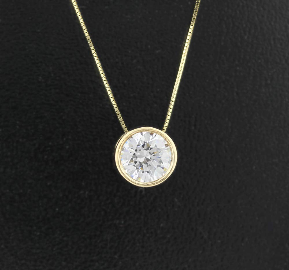 GNGJewel CZ Collection Solid 14k White or Yellow Gold Bezel-Set Pendant Necklace, 18" Box Chain (2cttw, YellowGold)