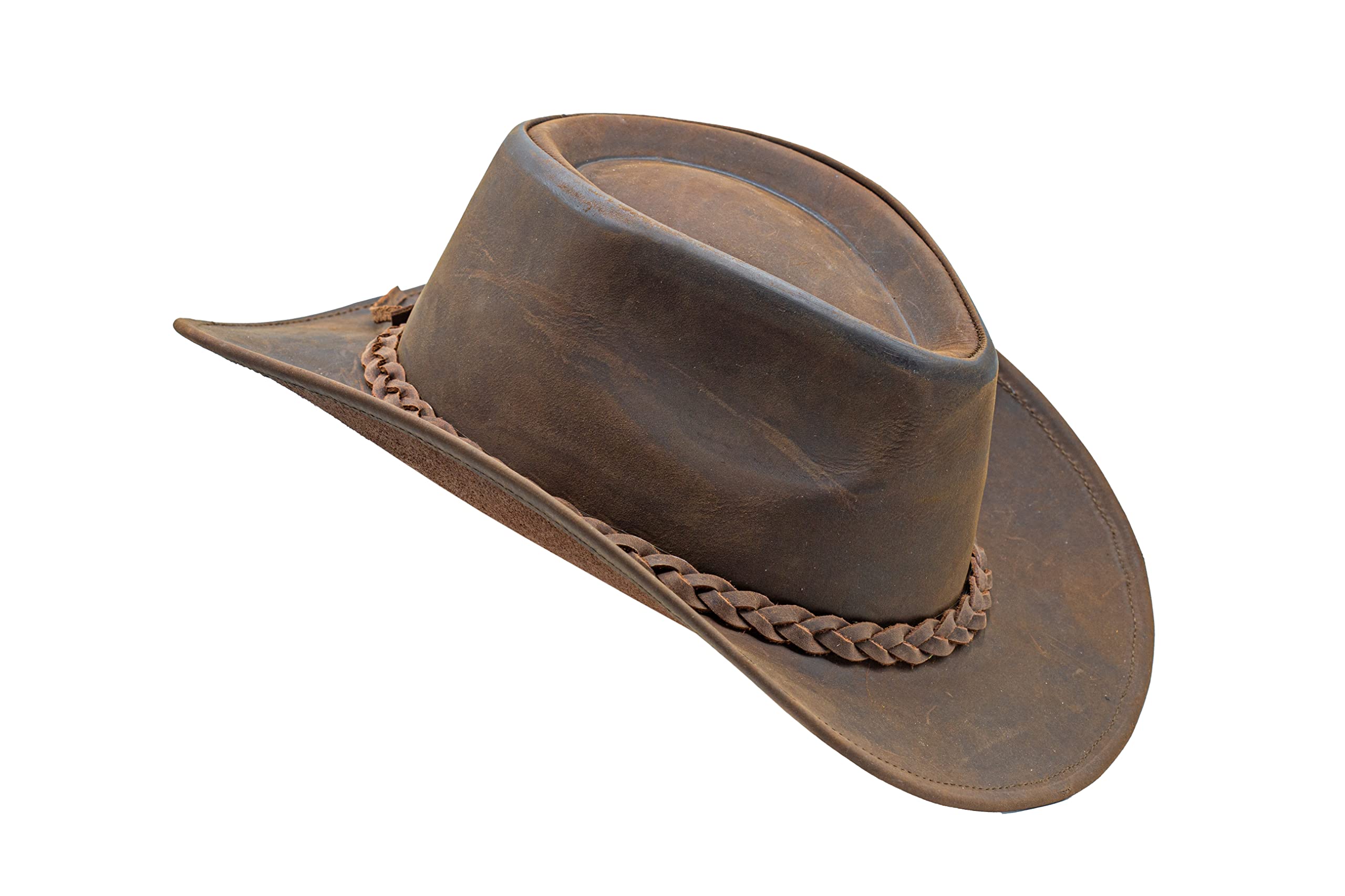 HADZAM Block Made of Grain Leather Cowboy hat for Men & Women Shapeable into Outback hat Great for Western Vintage Looks. Red Brown