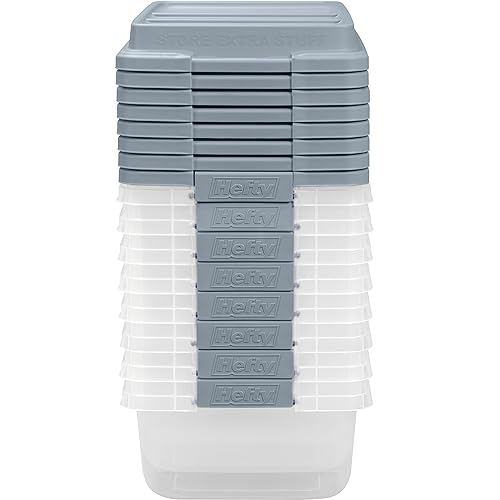 Hefty HI-RISE Stackable Storage Bins - Under Bed Storage Containers with Lids, Shoe Organizer, Plastic Storage Bins, Clear Shoe Boxes with XL Lid-Locking Latches, Durable Double Rim - 18qt (8 Pack)