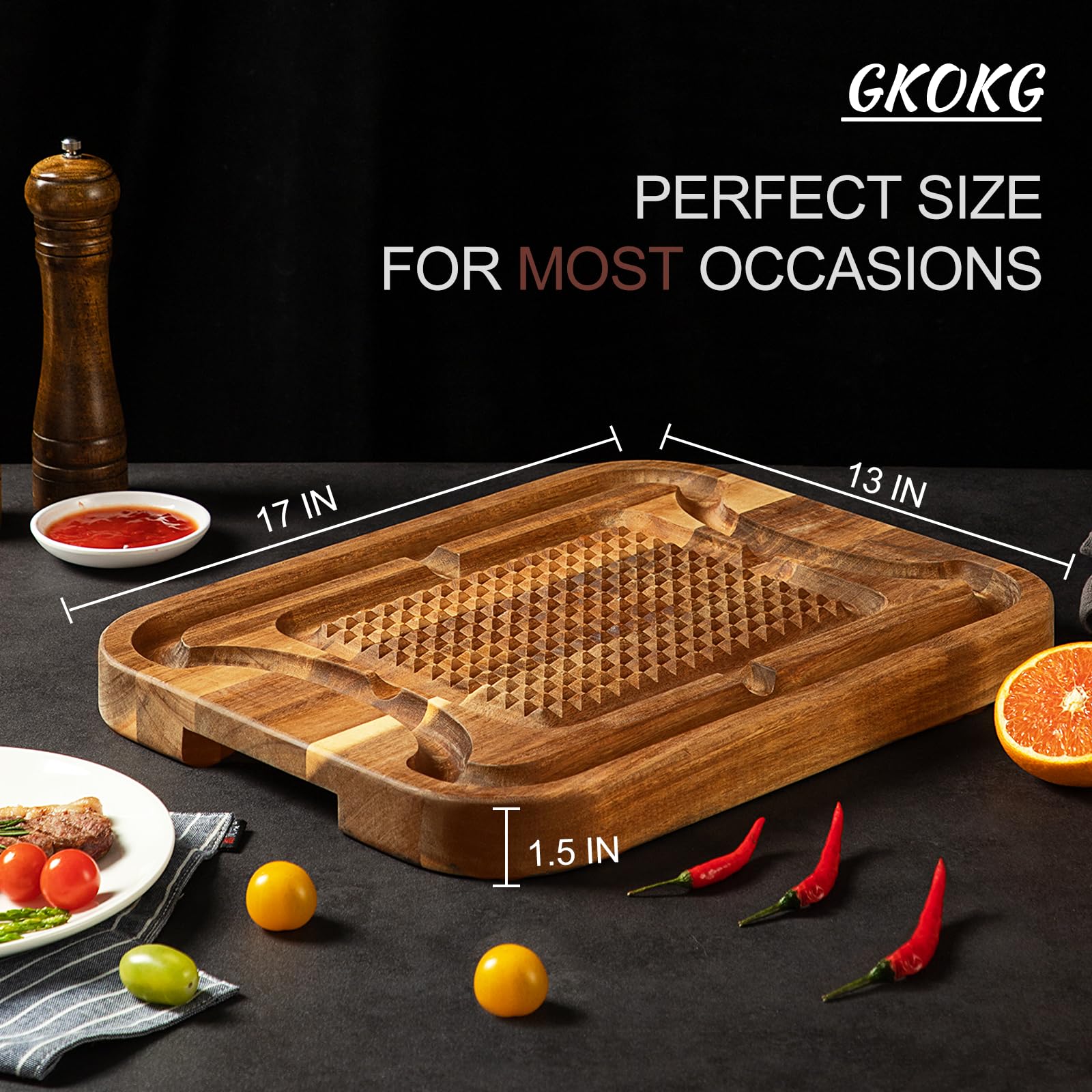GKOKG Acacia Meat Cutting Board with Deep Juice Groove, Large 17x13 in. Turkey Cutting Board Double Sided Use for Both Meat and Fruit, 1.5" Thick Butcher Block Cutting Boards & Chopping Board