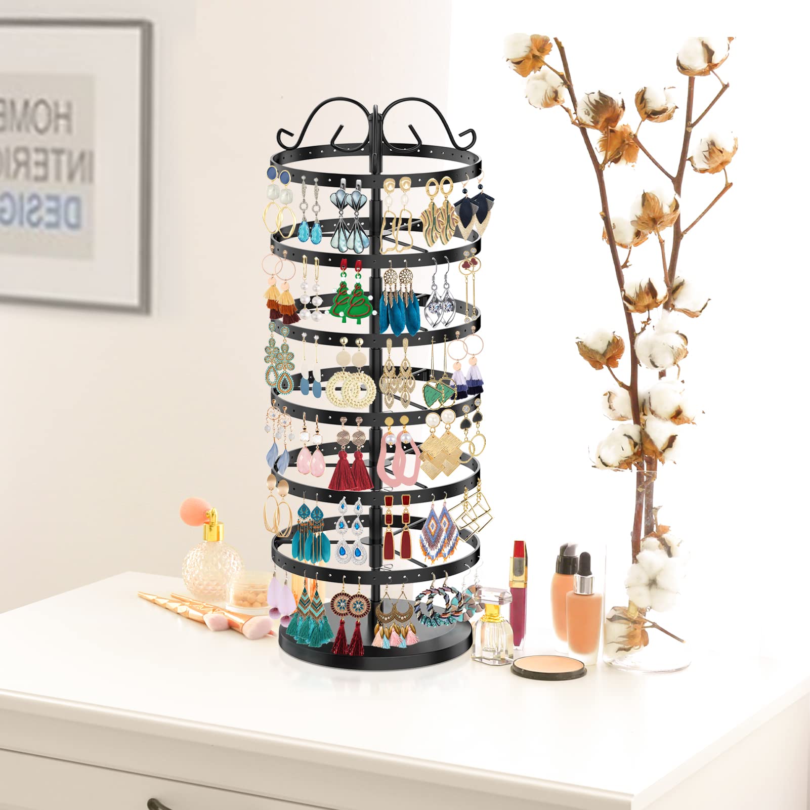 iDavosic.ly 6 Tier Metal Rotating Earring Holder Organizer, 264 Holes Earring Storage Display Tower Rack, Adjustable Earring Tree Organizer for Women Girl (Black)