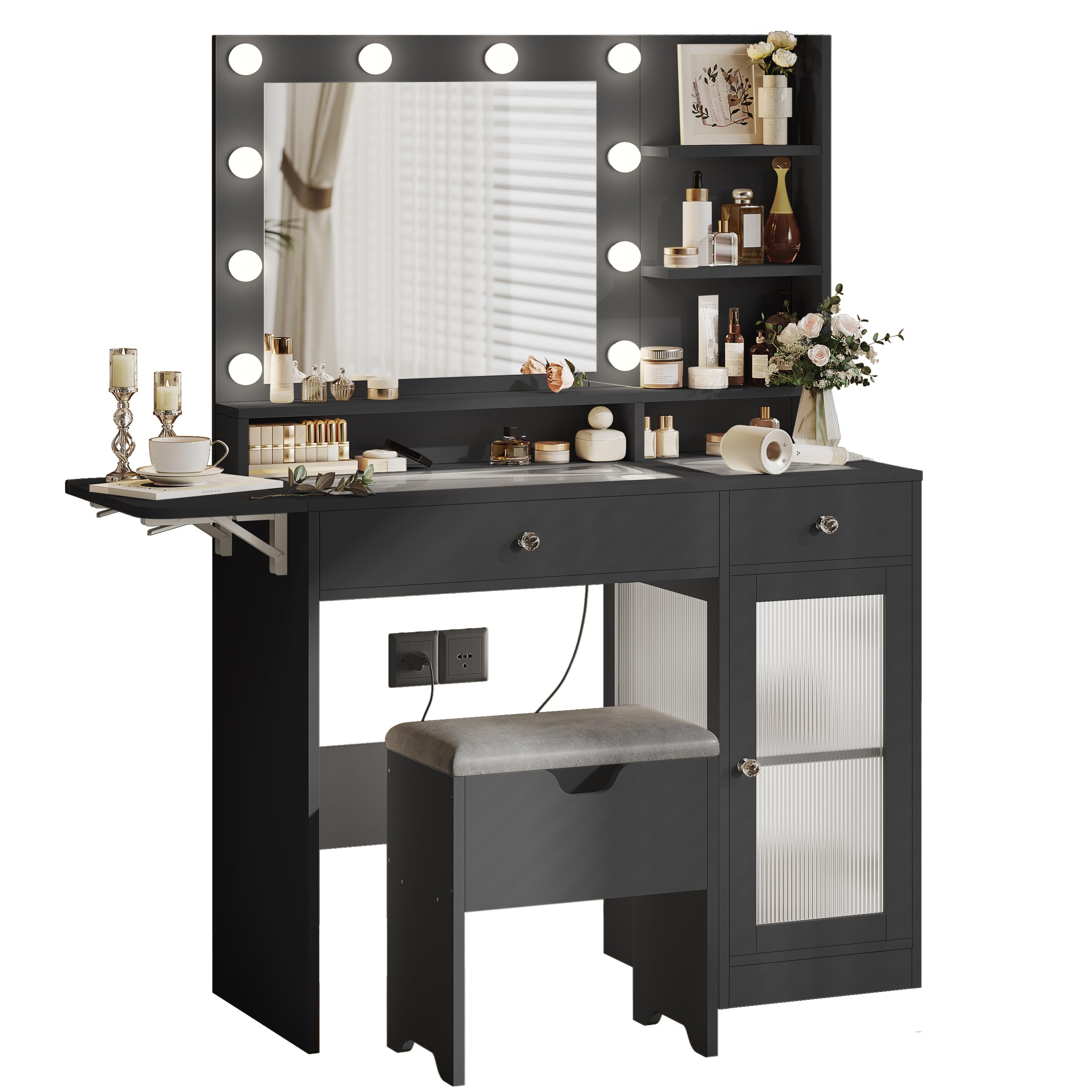 Fulhope Vanity Desk with Mirror and Lights, Chair & Outlet, Makeup Vanity with Lights, Black Vanity Table with 2 Drawers for Makeup Storage, Makeup Desk with Mirror for Bedroom, SZT-2