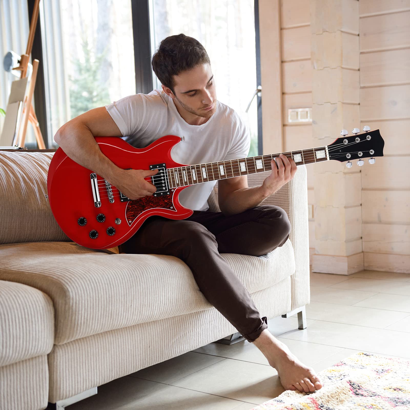 Ktaxon 39" Solid-Body Electric Guitar, 6 String Full Size GIZ102 H-H Pickups Jazz Electric Guitars Kit for Beginner Starter with Gig Bag, Cable, Shoulder Strap, Plectrum (Red)