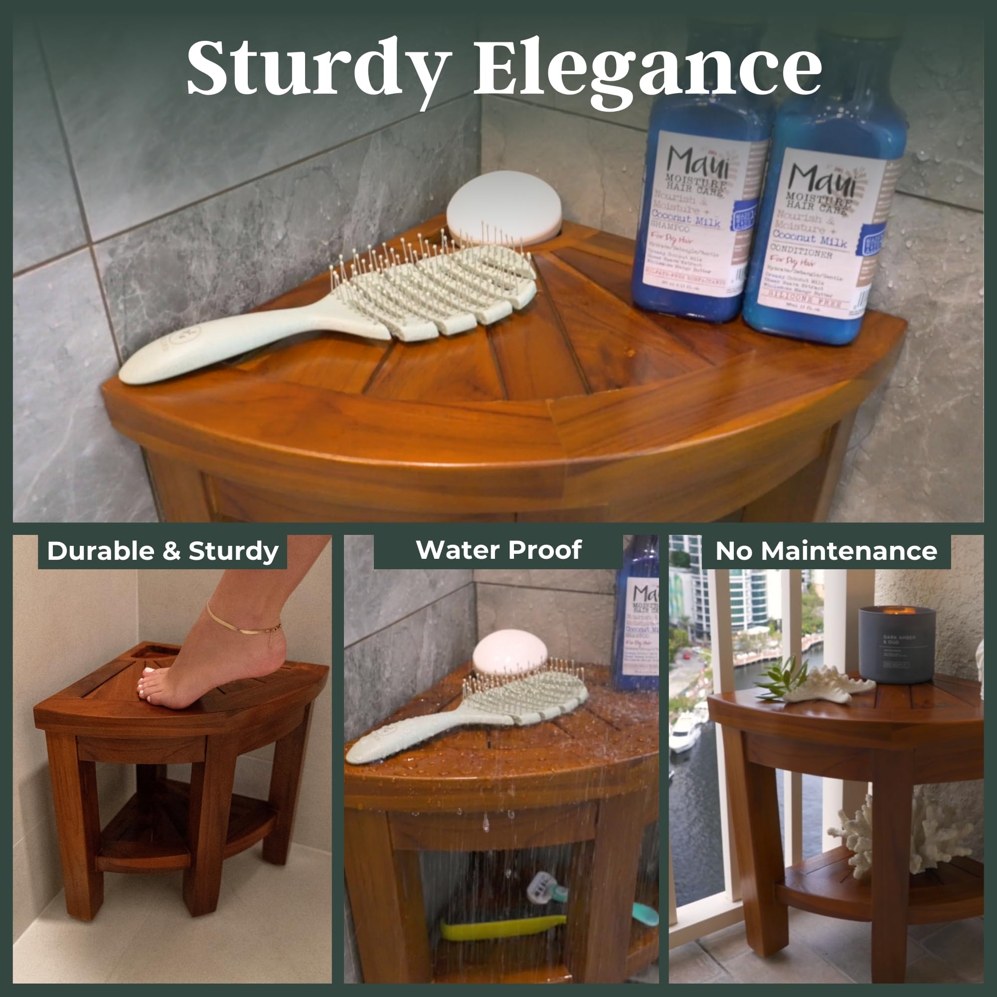 Teak Corner Shower Bench - Fully Assembled 14 inch Corner Teak Shower Bench | Waterproof Shower Stool for Shaving Legs | Non-Slip Multi-Purpose Corner Shower Stool for Bathroom, Patio, Living Room