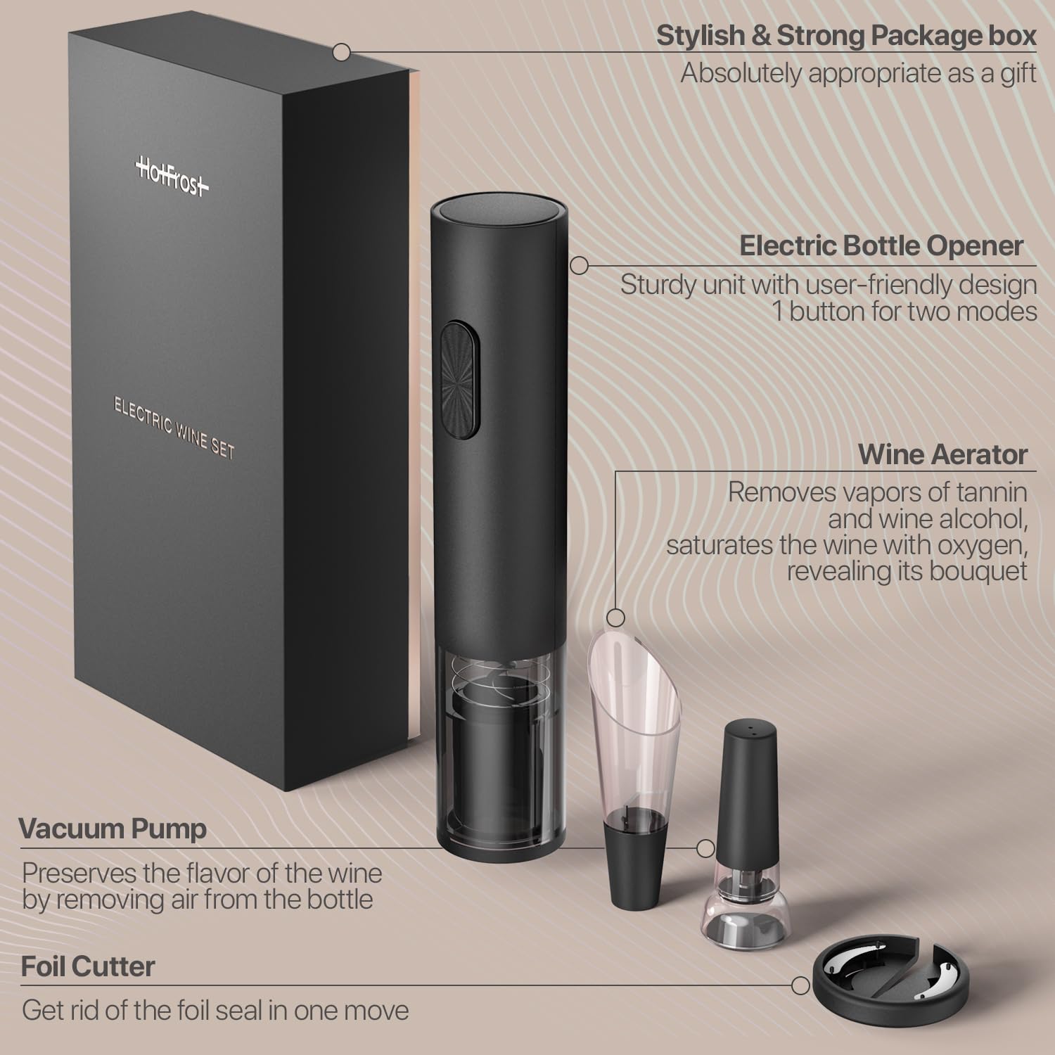 HotFrost Electric Wine Opener β Wine Bottle Opener Kit with Foil Cutter, Wine Aerator, Vacuum Stopper β Battery-Operated Corkscrew Wine Opener β Cordless Automatic Wine Opener β Birthday Wine Gift Set