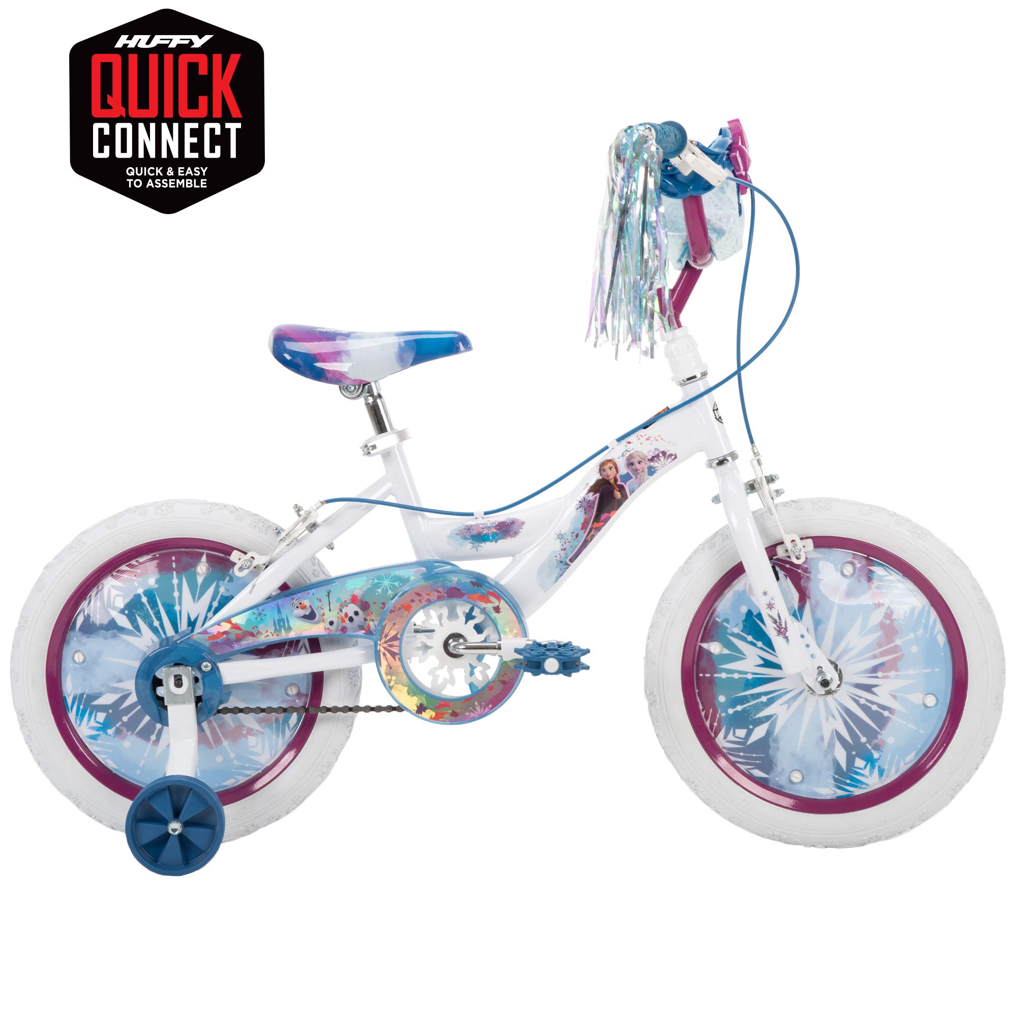 Huffy Disney Frozen 2 16 Inch Girl’s Bike with Training Wheels, Streamers & Basket, White, Quick Connect Assembly