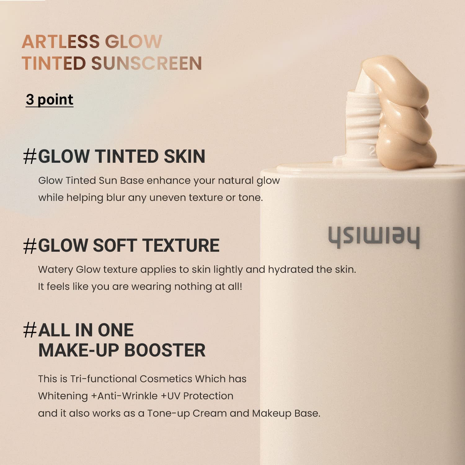 heimish Artless Glow Tinted Sunscreen Shine Beige SPF50+ PA+++ | natural tone correction, glowing, moisturizing, sun protect