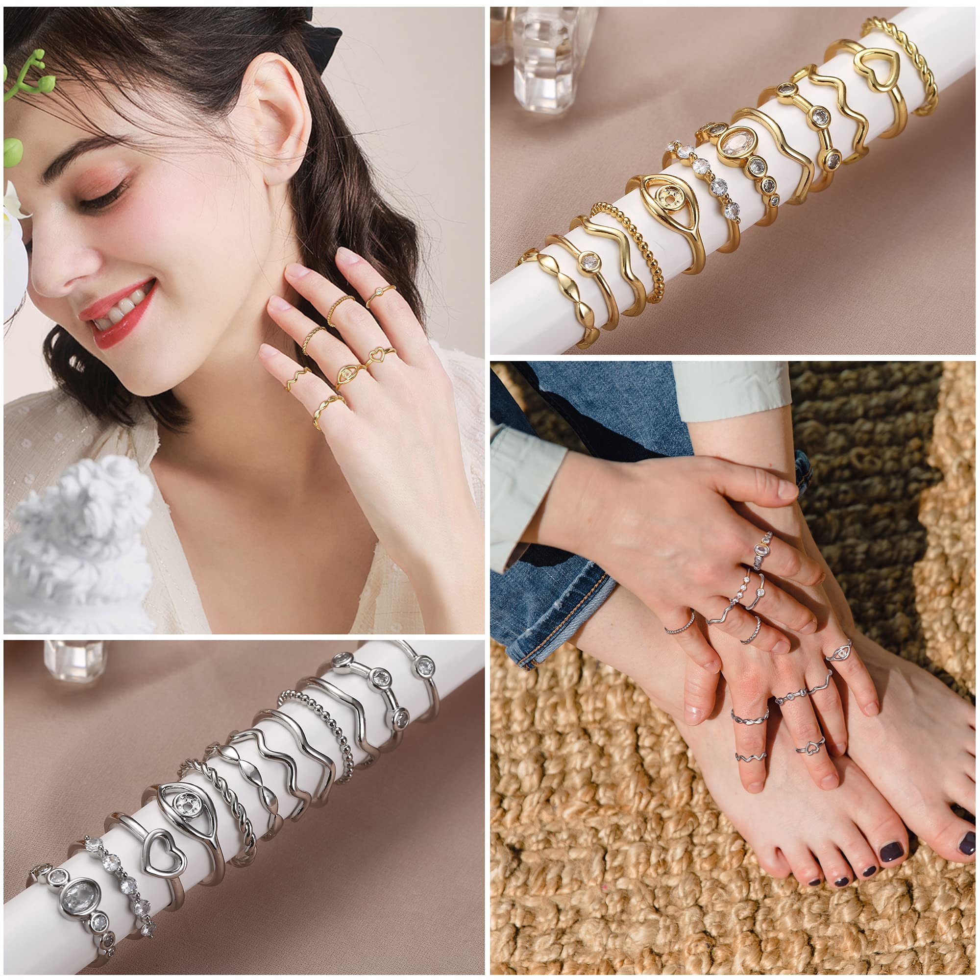 IRONBOX 12 Pcs Adjustable Knuckle Rings for Women 14K Gold Plated Stacking Rings Pack Wave Star Moon Dainty Thumb Open Rings Set Gold