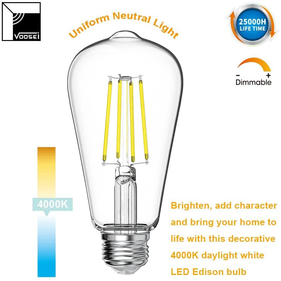 VOOSEI Daylight Bulbs 4000K LED E26 60W Dimmable, 6W Equivalent to 60W Edison High Brightness ST58 Antique Filament Bulbs Clear Glass Pack of 6